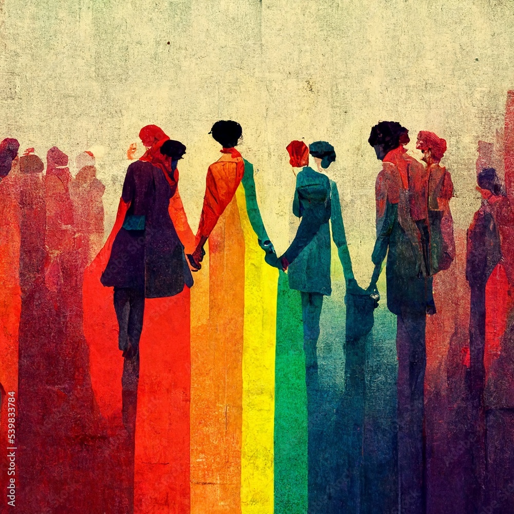 Abstract LGBTQ+ illustration, people holding hands, gathering together ...