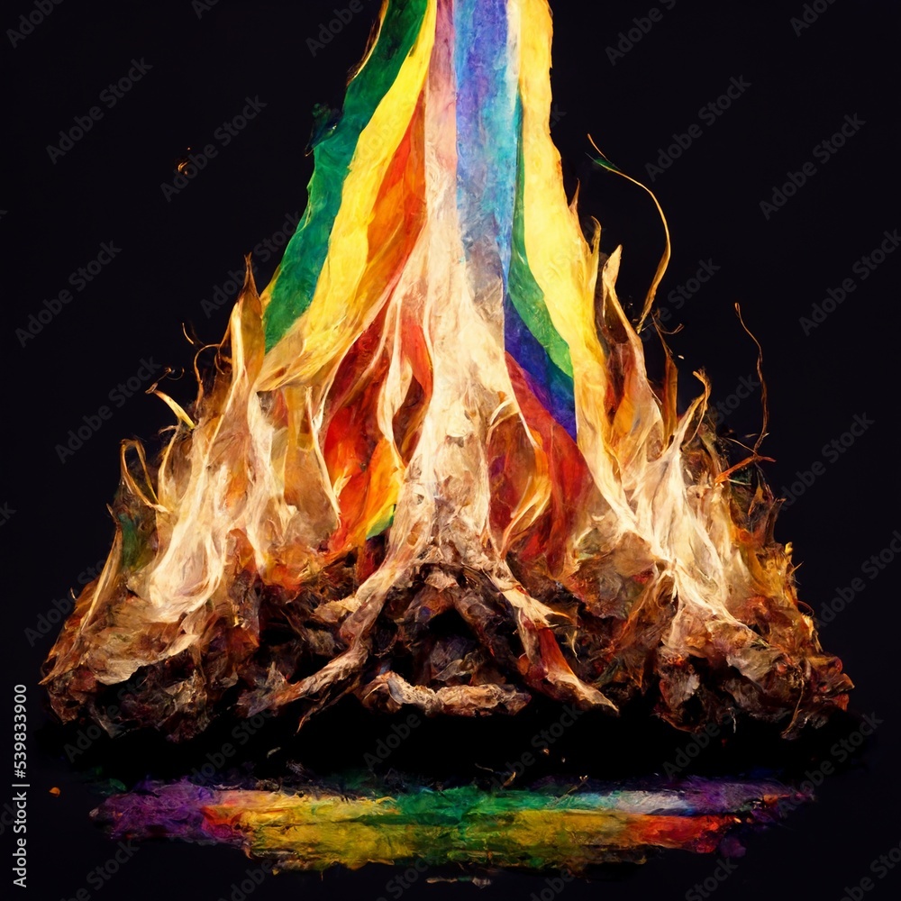 A fire burning, flames forming LGBTQ+ colors, ashes in the night, dark ...