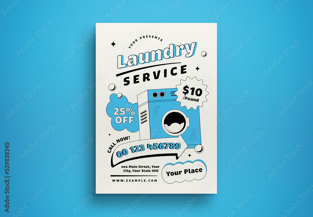 Blue Flat Design Laundry Services Flyer Layout Stock Template | Adobe Stock