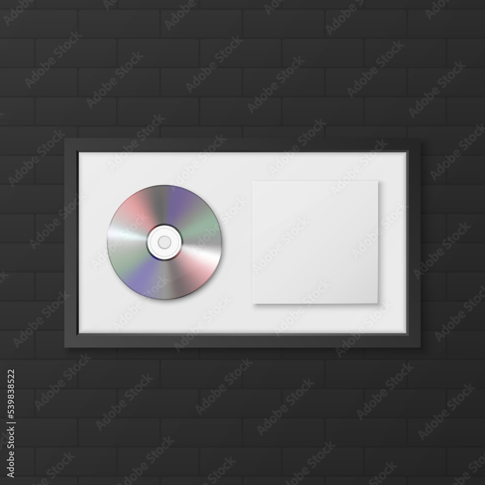 Realistic Vector 3d CD, Label with Black CD Cover Frame on Black Brick ...
