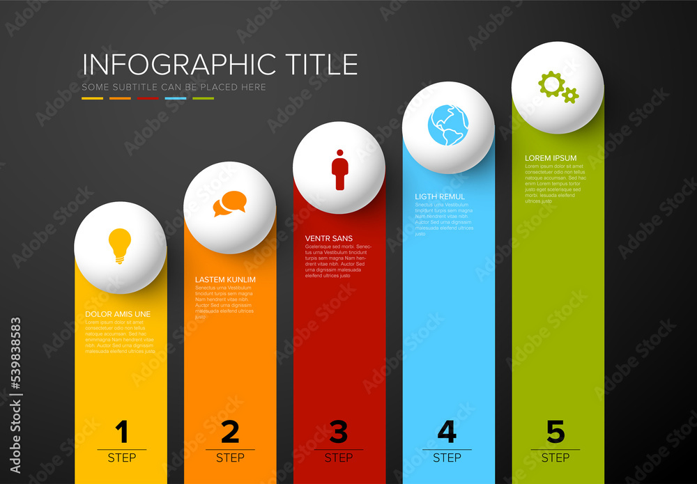 Five Rounded Steps Elements Template with Stripes and White Spheres on ...