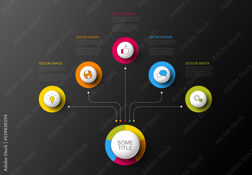 Simple Dark Infographic with Six Sphere Elements and Icons Stock ...