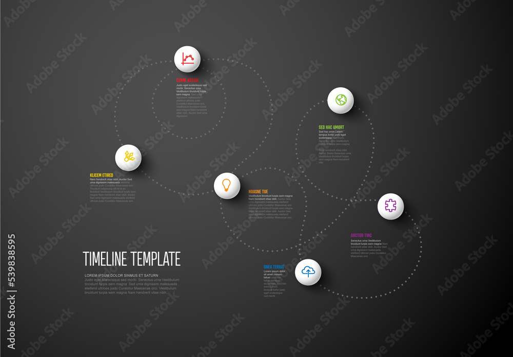 Dark Infographic Dotted Curved Timeline Template with White Sphere ...