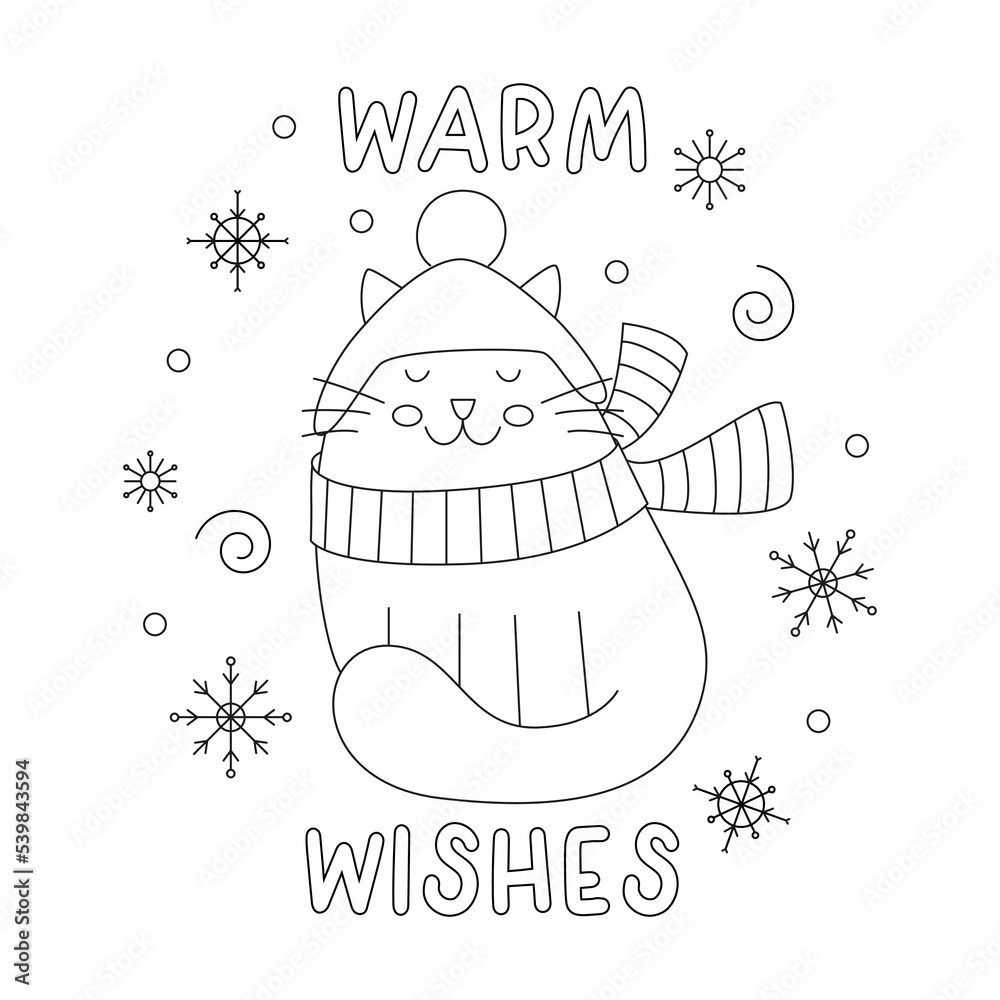 Christmas cat coloring page for children and adults. Black and white ...