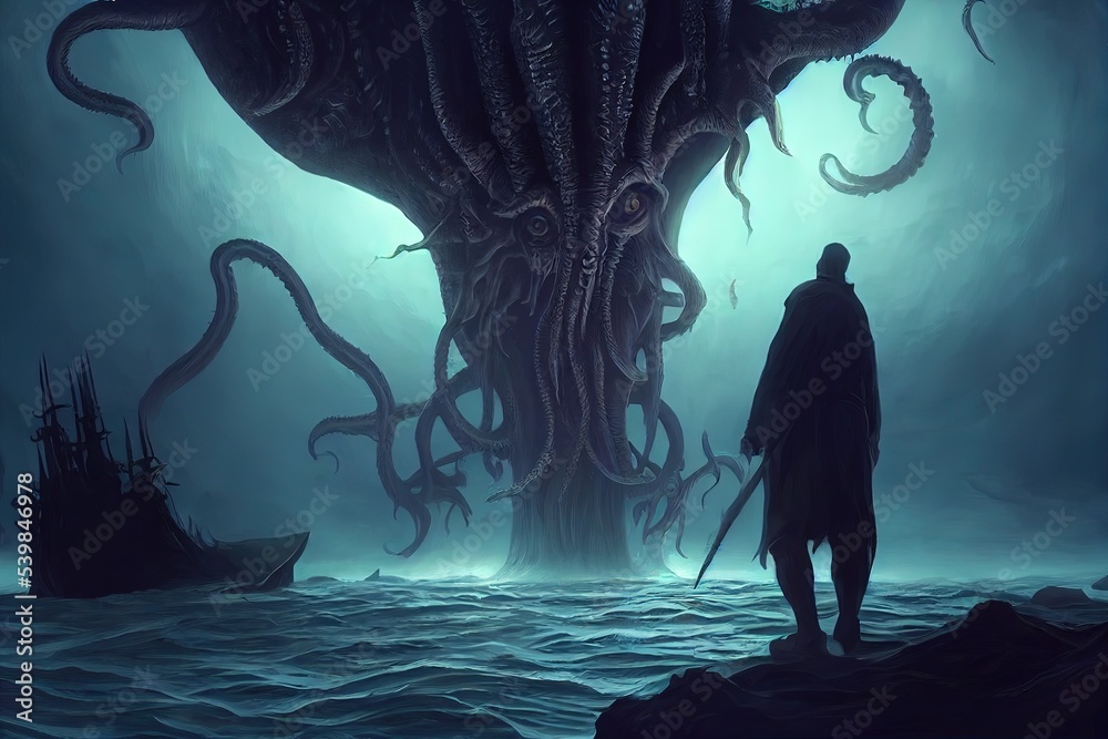 Dark fantasy scene showing Cthulhu the giant sea monster destroying ...
