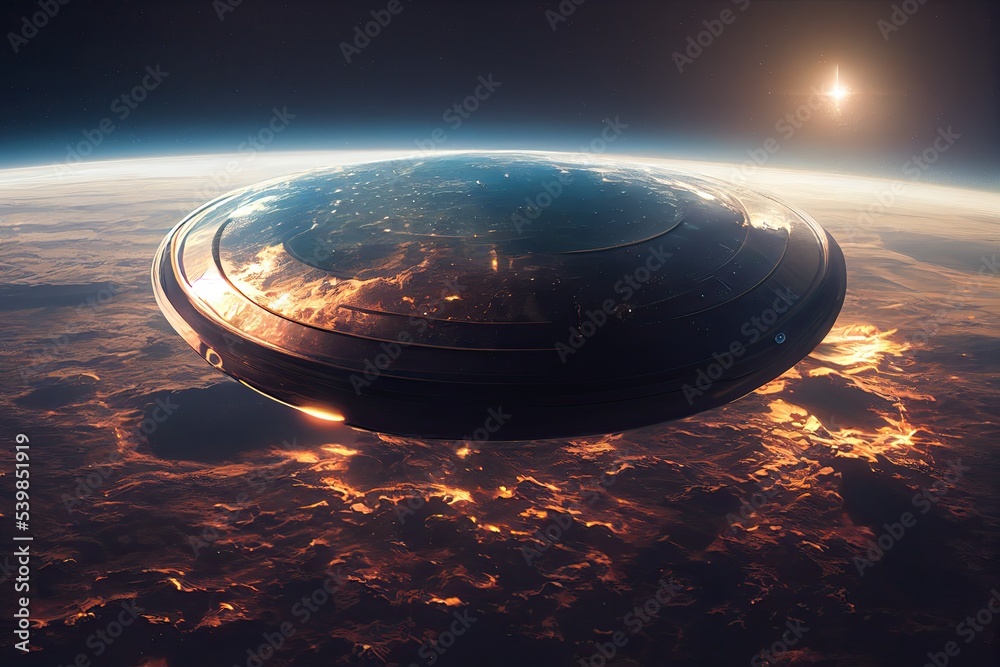 An alien flying saucer is floating in space. A UFO, an unidentified ...