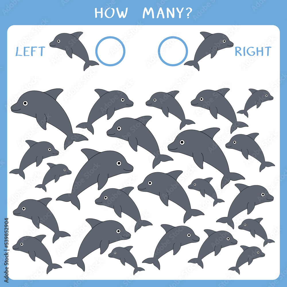 Simple educational game for kids. Count how many dolphins swim left and ...