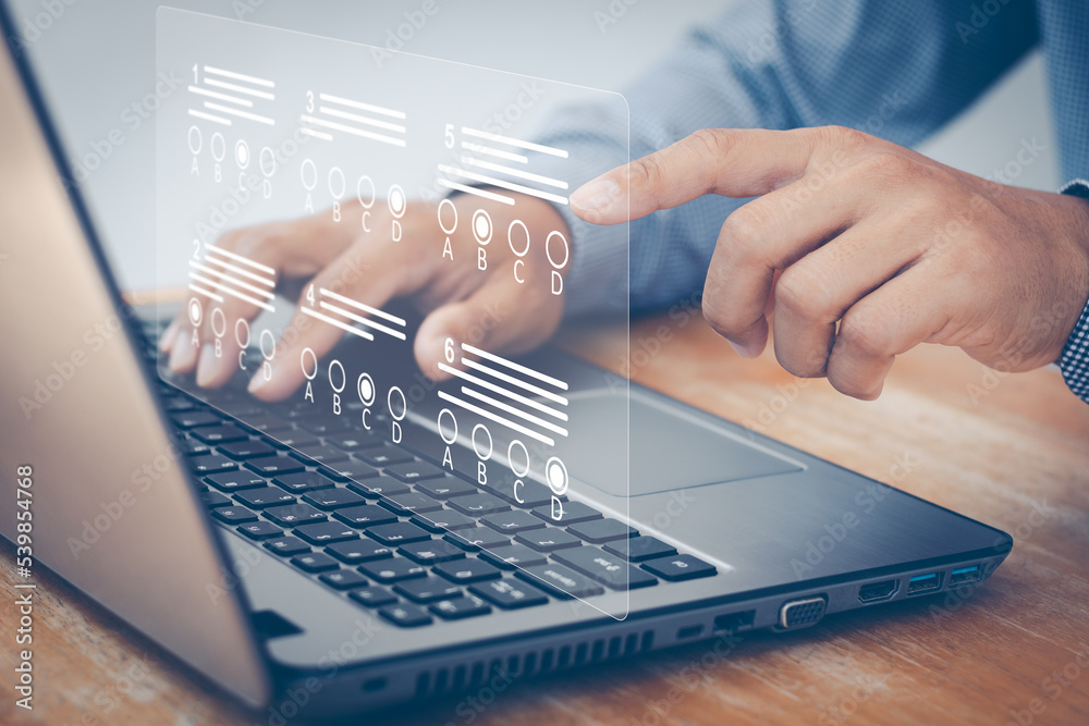 Online exam concept. Student passing online exam, choose correct answer ...