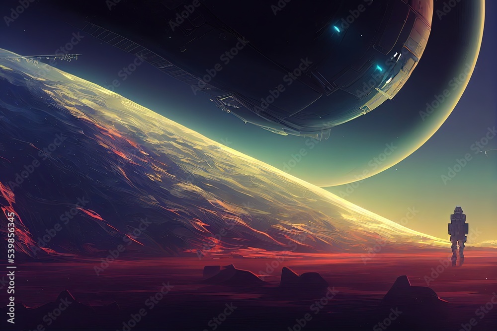 Futuristic cyberpunk metaverse. Futuristic sci fi space station. A lot ...
