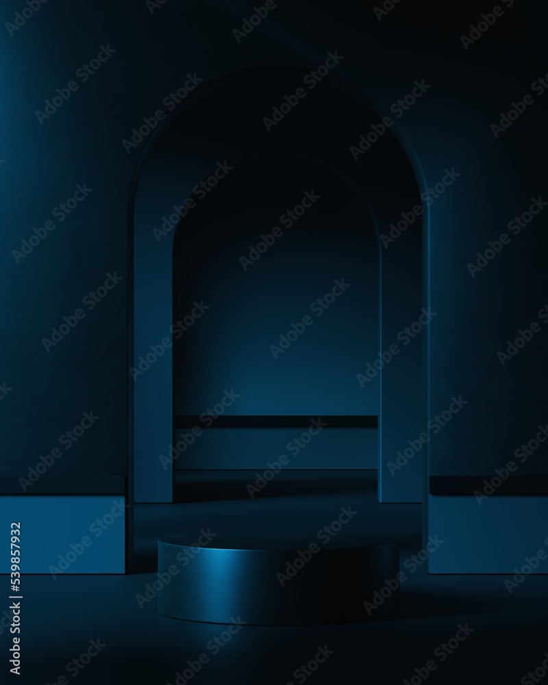 Modern dark blue podium for product showcase. Cylinder shapes pedestal ...
