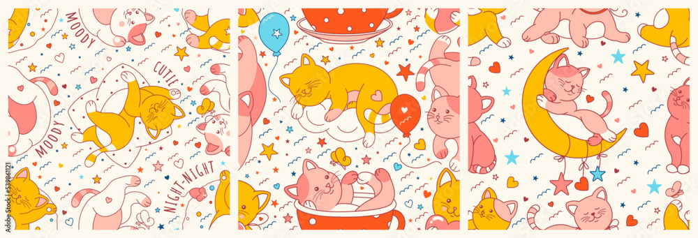 Funny seamless pattern with cartoon style cat.Set of backgrounds for ...
