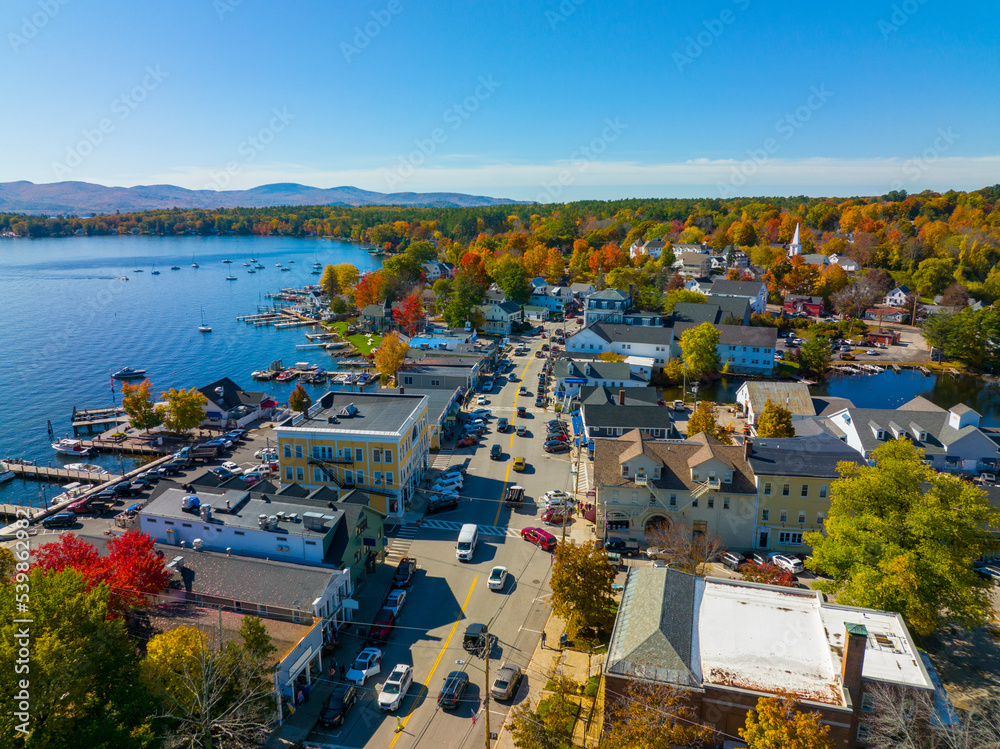 Wolfeboro historic town center at Lake Winnipesaukee aerial view in ...