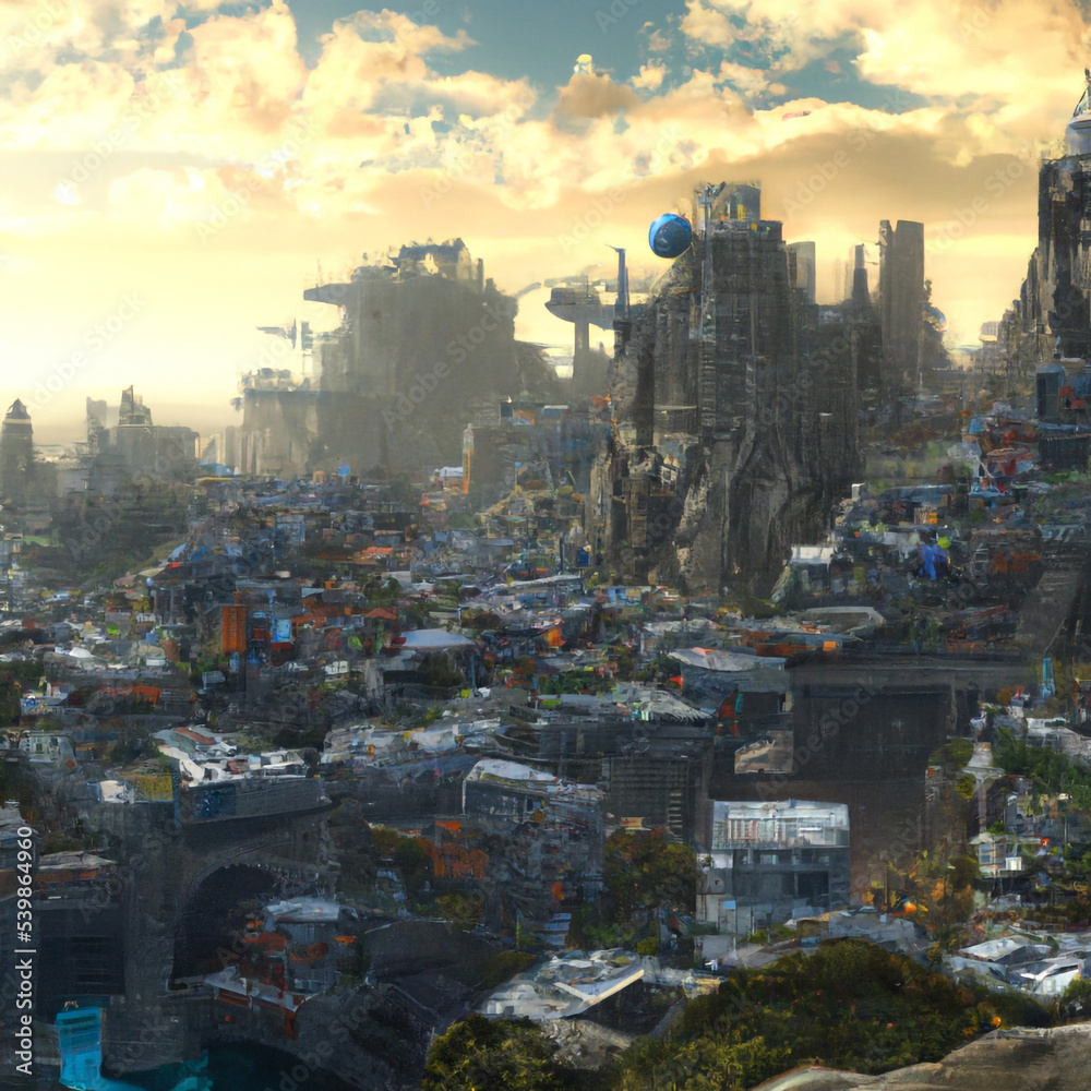 Digital concept art of futuristic cityscape. Future city alien world ...