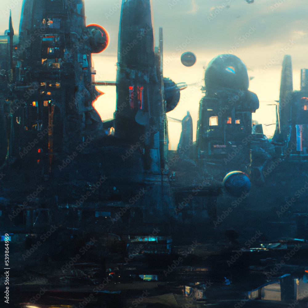 Digital concept art of futuristic cityscape. Future city alien world ...