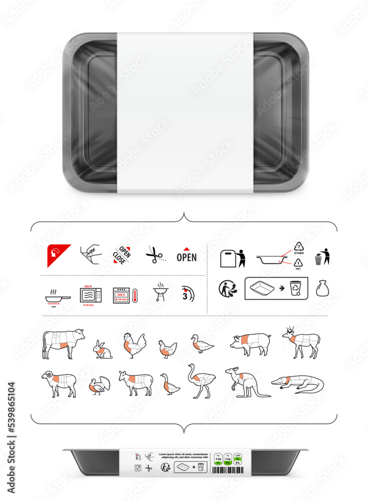 Black tray container mockup with icon set. Vector illustration isolated ...