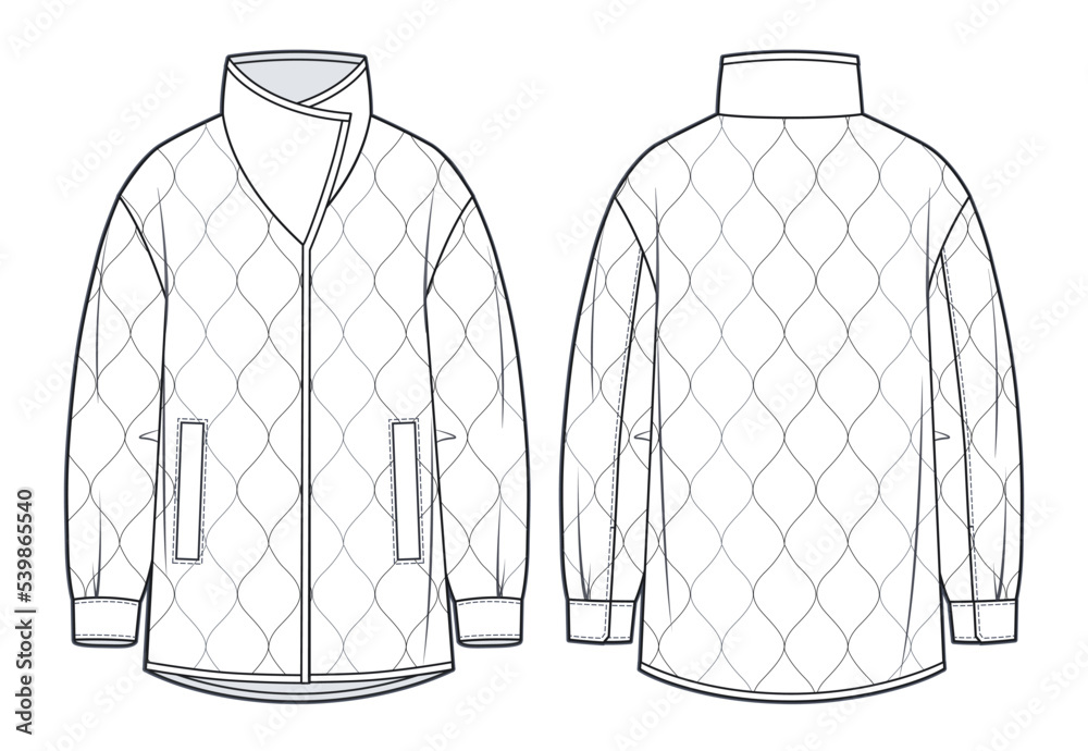 Women's quilted padded Jacket technical fashion Illustration. Oversize ...
