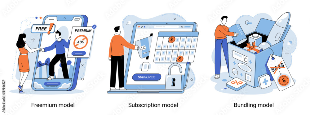 Metaphor set marketing model. Free period, bundle set. Freemium ...
