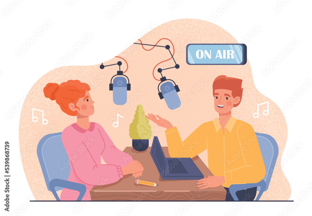 Radio host concept. Man and woman sitting near microphones. Young girl ...