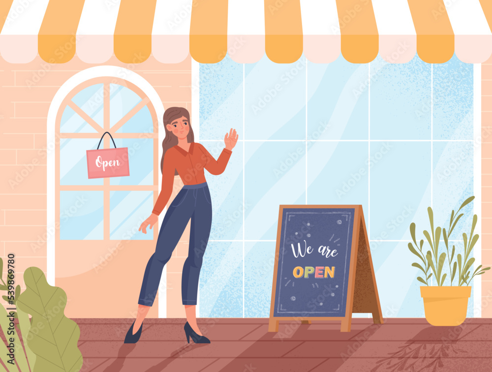 We open concept. Owner of small business near store building, young ...