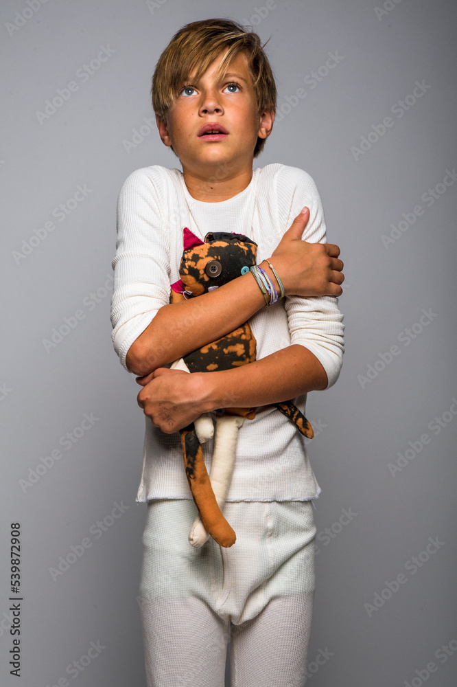 Child Youth Boy Standing with Stuffed Toy Looking Scared Frightened ...