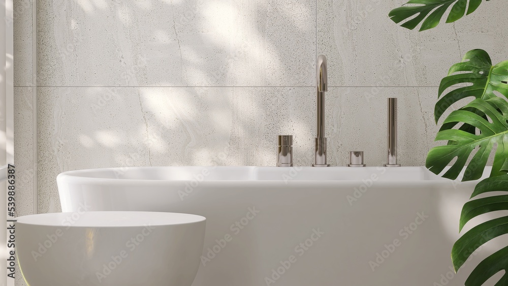 White round side table, ceramic bathtub and monstera plant in modern ...