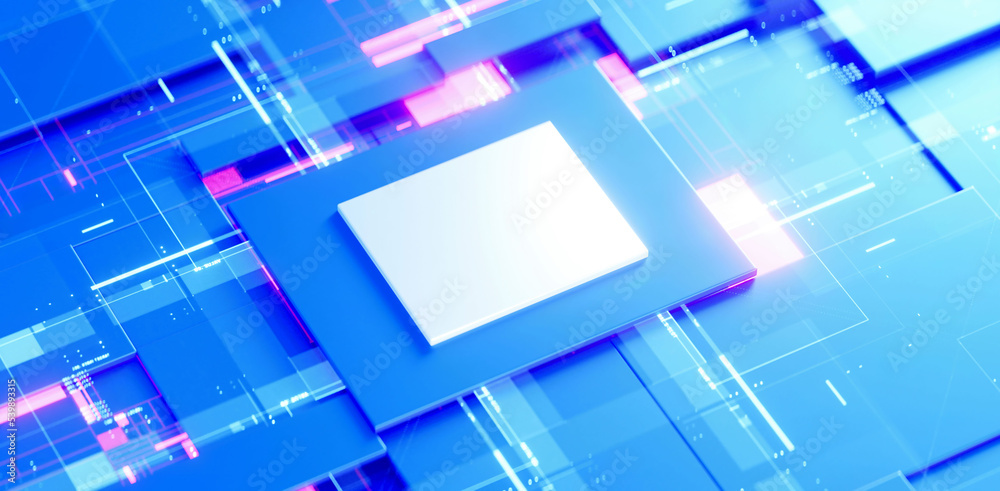 3D rendering of cyberpunk AI. Circuit board. Technology background ...