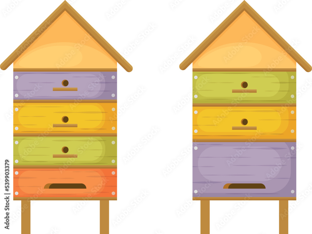 Hive. Bee hives. Two wooden beehives in the form of houses. Colorful ...