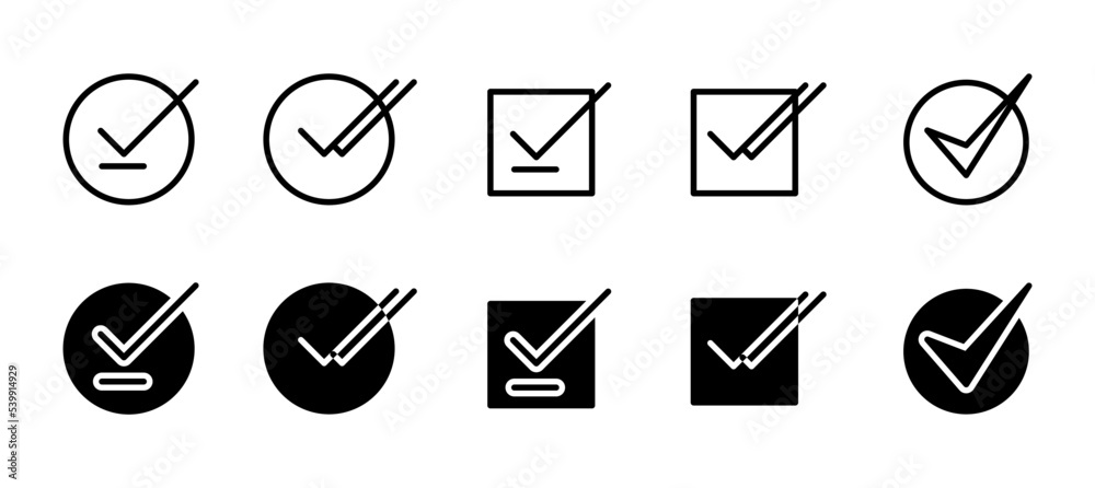 check mark icon set. vector illustration with line and solid style ...