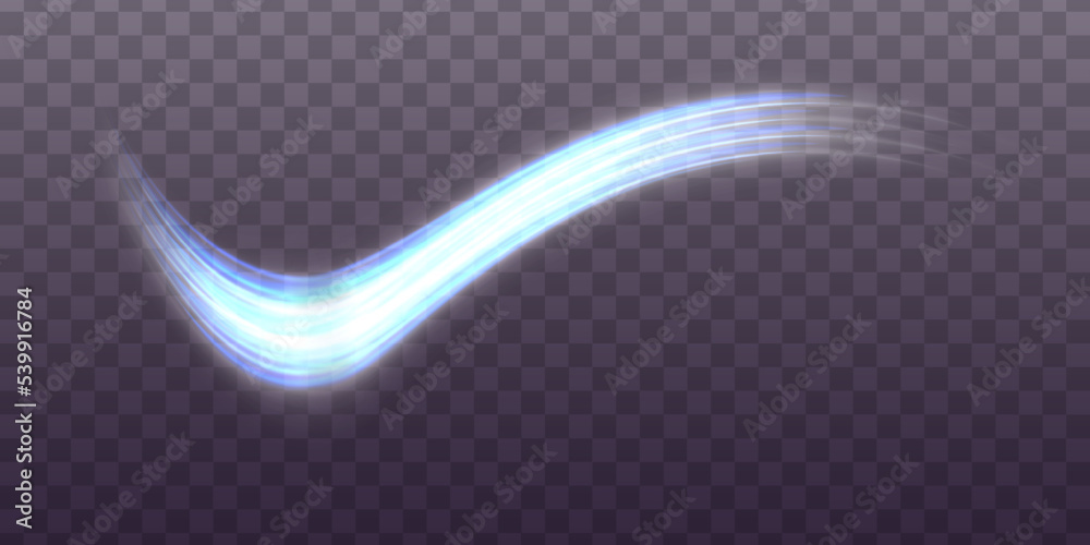 Blue shiny spiral wave. Curved motion line twirl. Glittering wavy trail ...