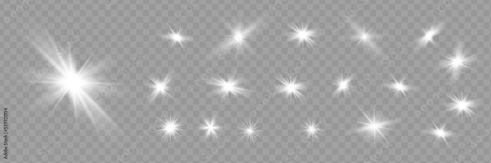 Glow isolated white transparent light effect set, lens flare, explosion ...