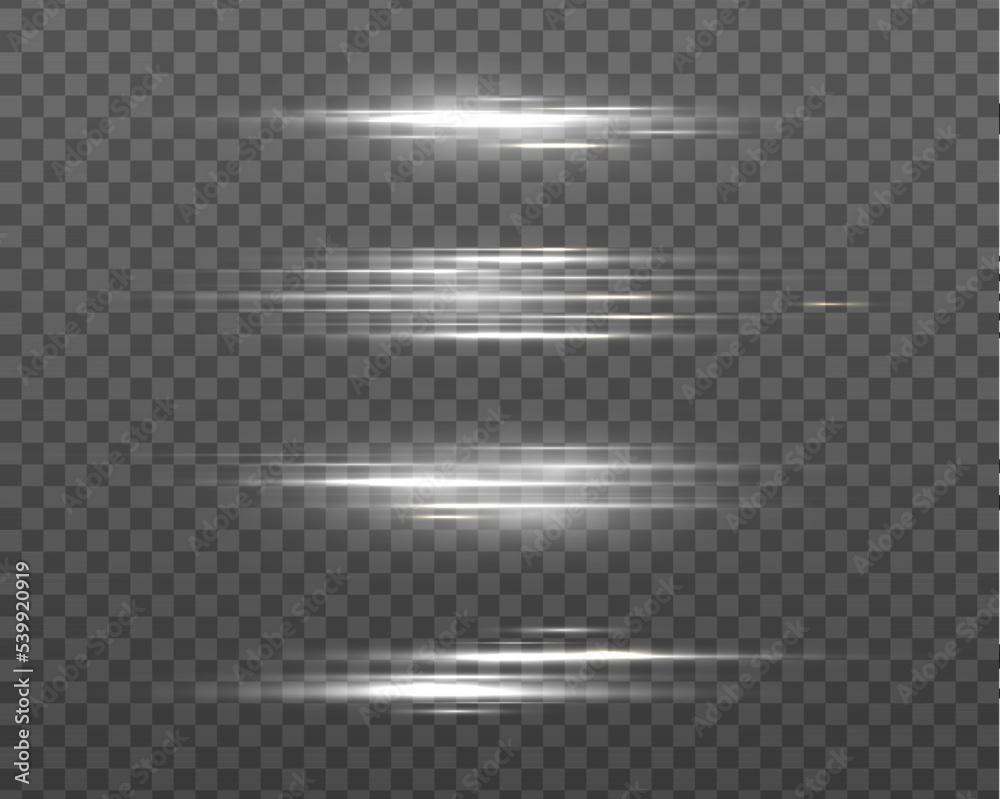 White soft horizontal neon lines. Set of abstract lens flares. Flash ...