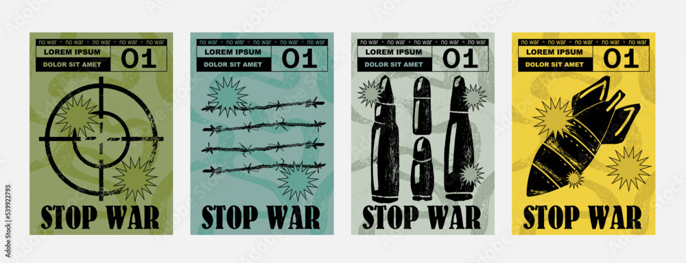 Anti-nuclear war propaganda poster. No to War, Stop War. Set of vector ...