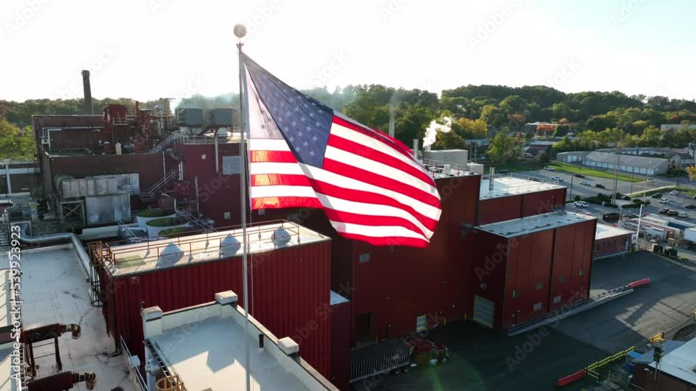 American manufacturing theme. Made in America. Aerial of factory plant ...