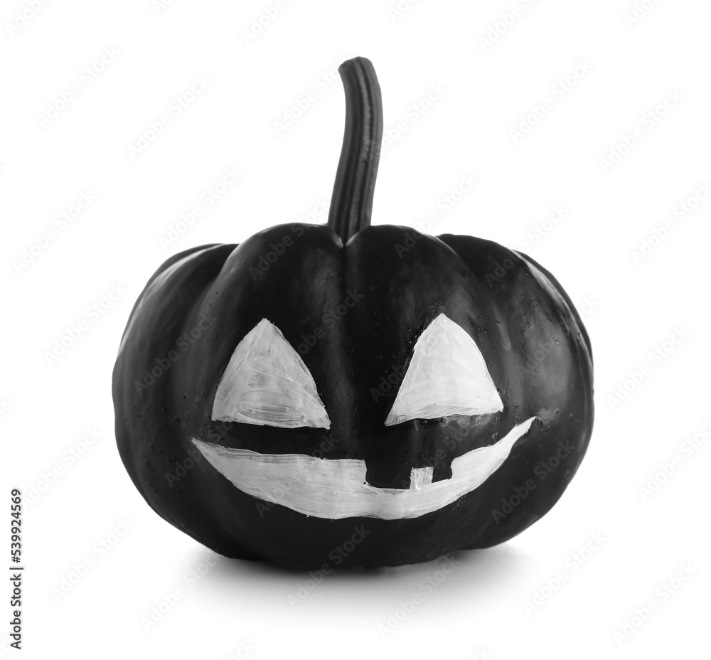 Black Halloween pumpkin with drawn face on white background Stock Photo ...