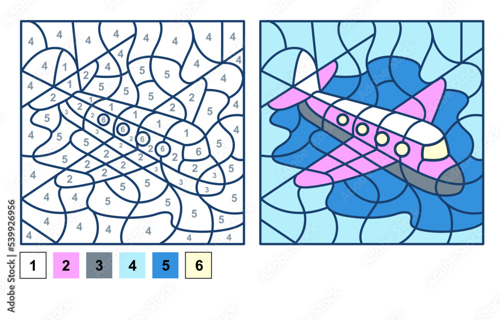 Puzzle game airplane, color by number sheet for children. Vector ...