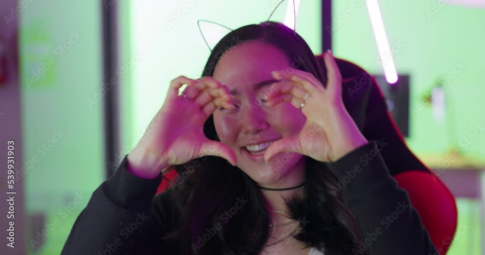 Gen z gamer, streamer or influencer woman with hand sign in selfie or ...