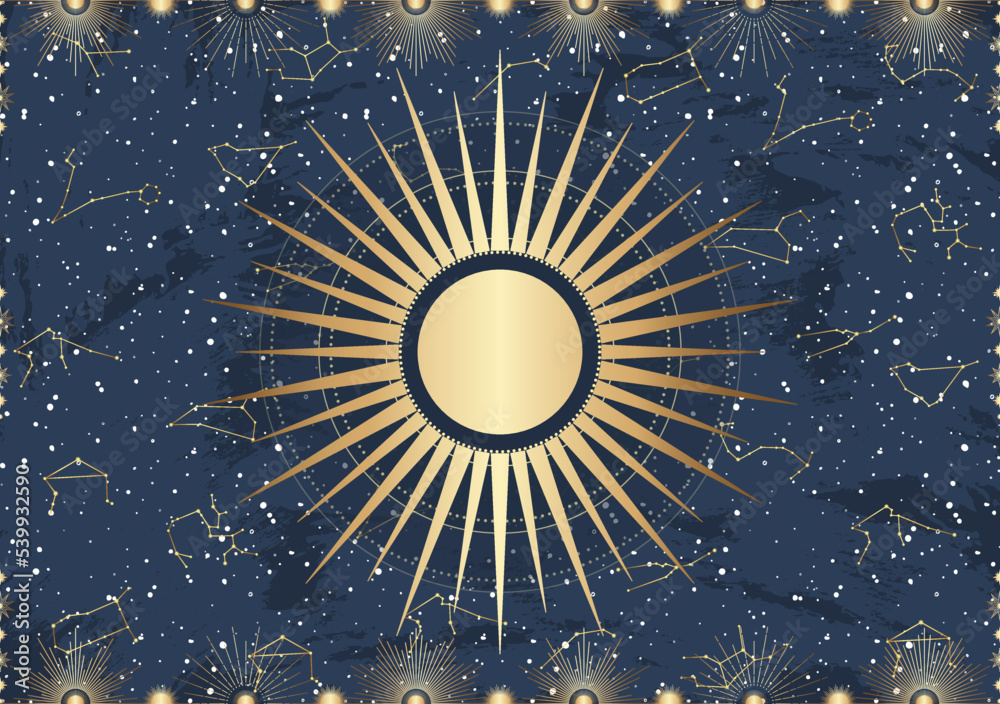 Hand drawn card of golden Sun, sunburst, light rays, stars ...