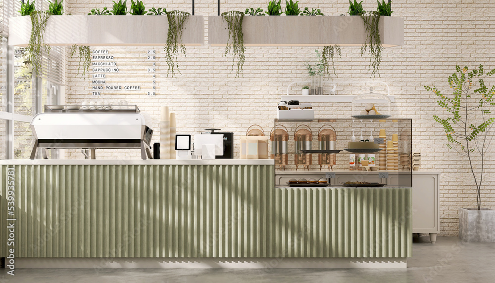 Modern, stylish and luxury design cafe with green counter with ...