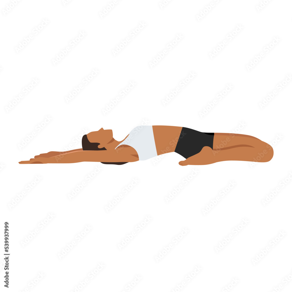 Woman doing Reclining Hero Pose Variation Hands On Thights. Beautiful ...