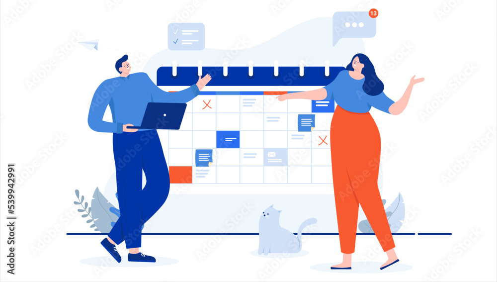 Work calendar - Two people, man and woman in casual clothes planning ...