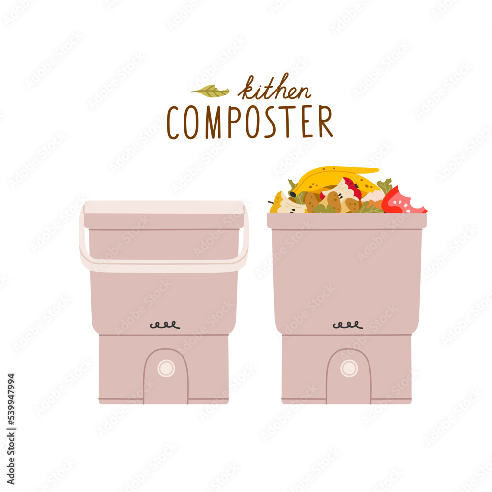 Kitchen composter in an open and closed state, with organic waste and ...