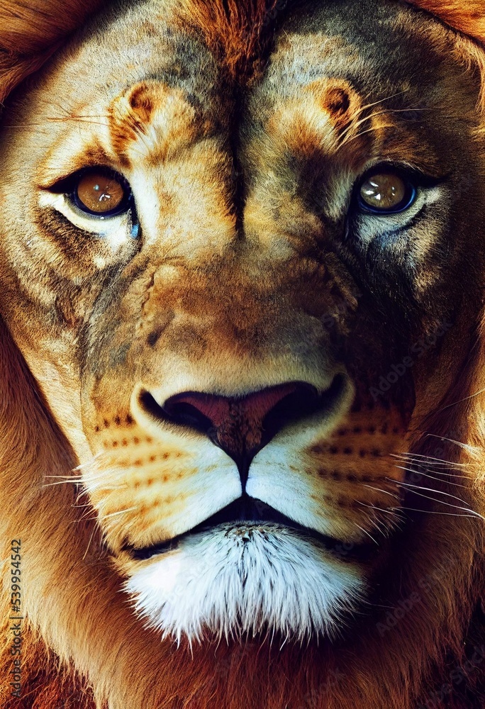 Hyper-realistic digital art of a lion's face looking into the camera ...