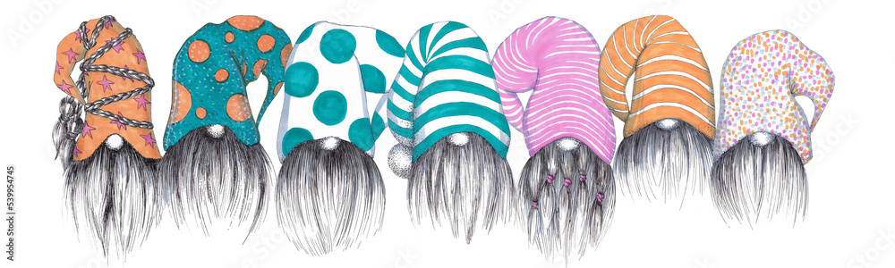 Seven dwarfs are drawn. All dwarves wear different hats. Illustration ...