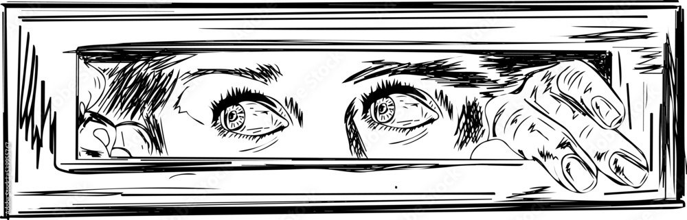 A Terrified Woman Peering Out a Wooden WindowShutters, afraid girl's ...