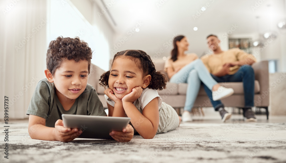 Learning, tablet and children streaming a video on technology on the ...