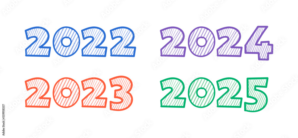 hand drawn numbers 2022, 2023, 2024, 2025. vector doodle 2022, 2023 ...