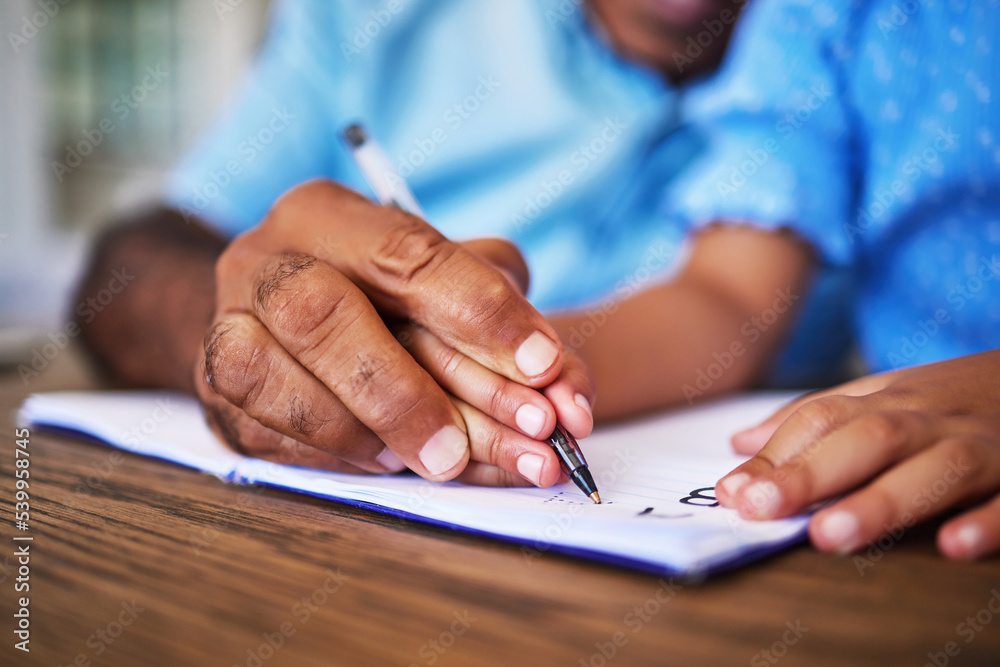 Writing, teaching and learning, hands and pen, grandfather with child ...