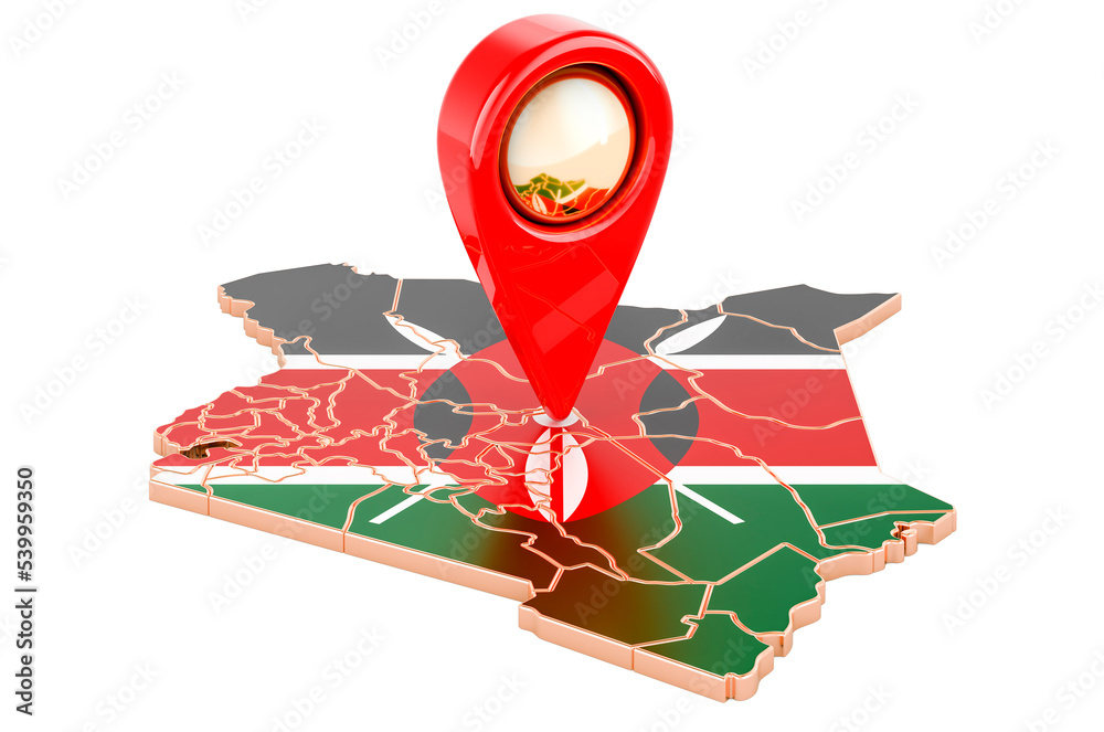 Map pointer on the map of Kenya, 3D rendering Stock Illustration ...