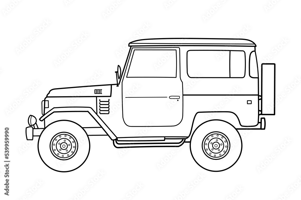 Off-road travel suv car side view. Vector outline doodle illustration ...