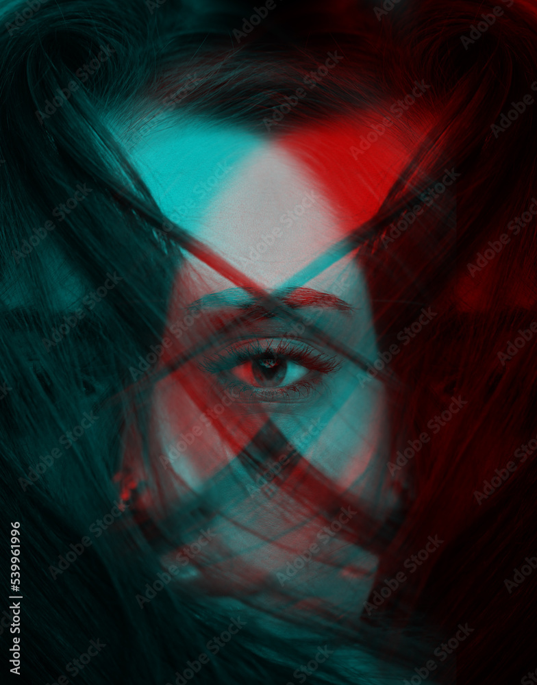 Beautiful woman cover her face with hair close-up fashion portrait in ...